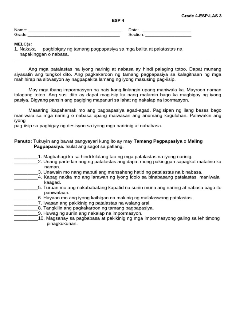 Grade-4-ESP-LAS-Week-3 | PDF