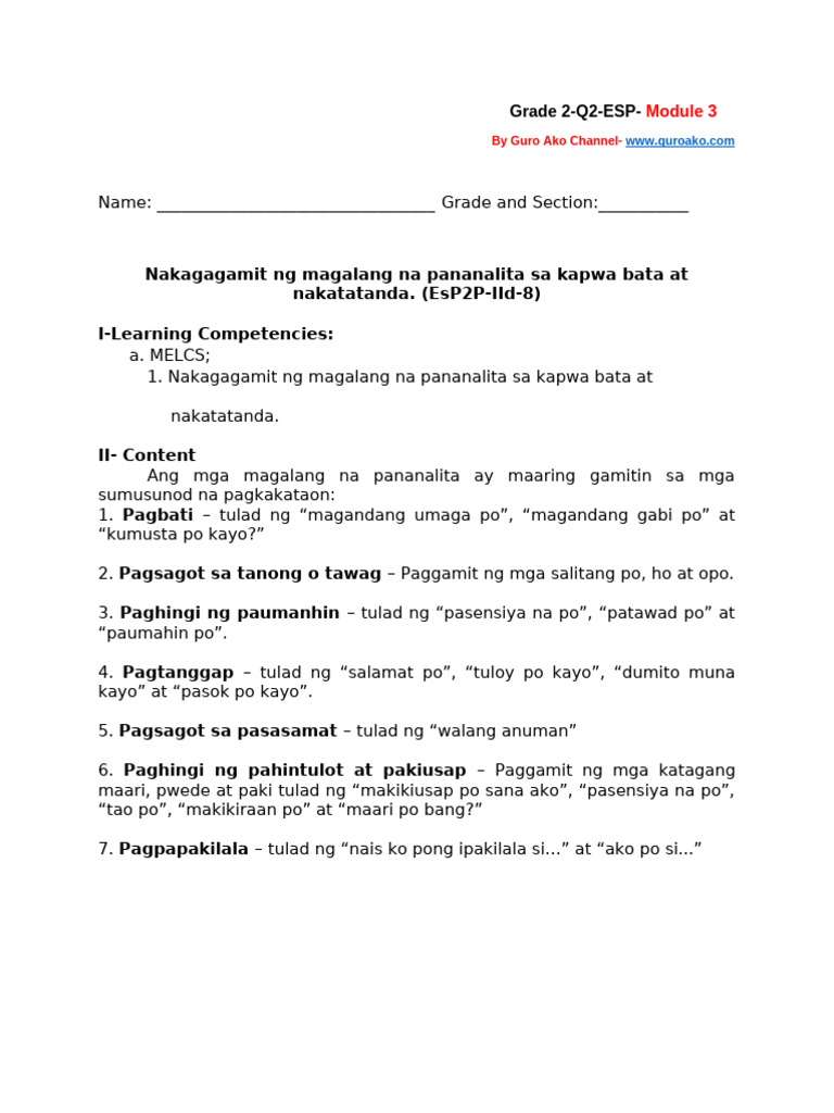 Grade 2-Q2-ESP - Module 3 | PDF