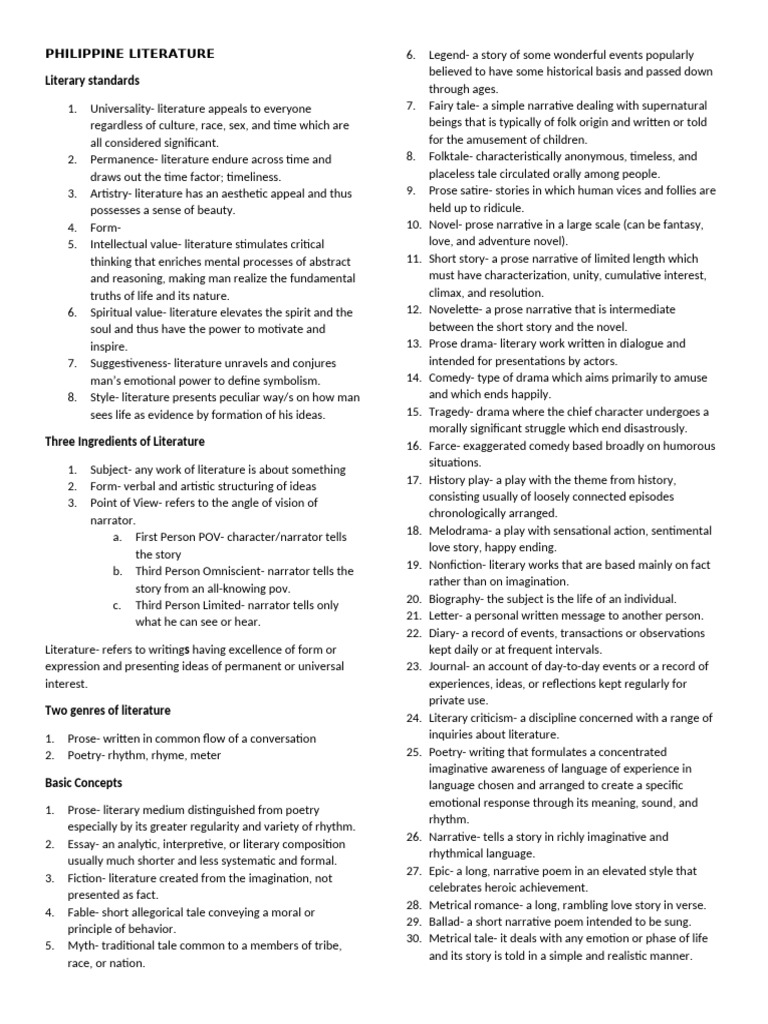 PHILIPPINE LITERATURE Reviewer | PDF