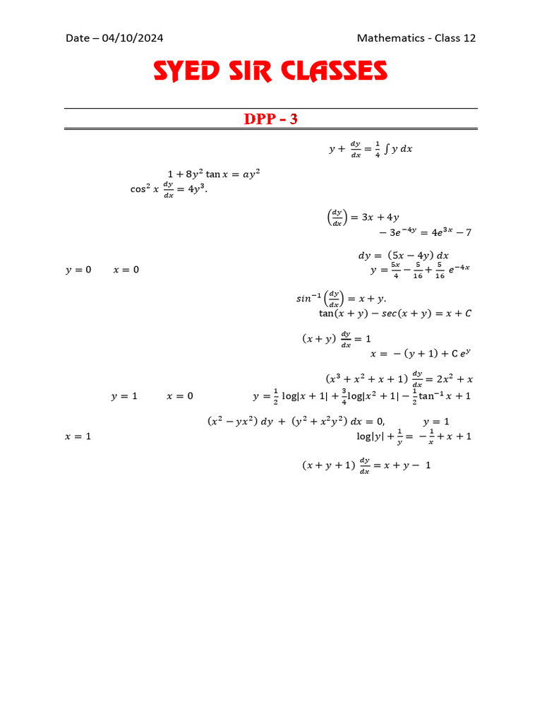 12 Differential Equations DPP - 3 | PDF
