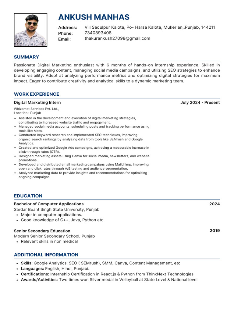 Blue and White Clean and Professional Resume | PDF | Business | Computers