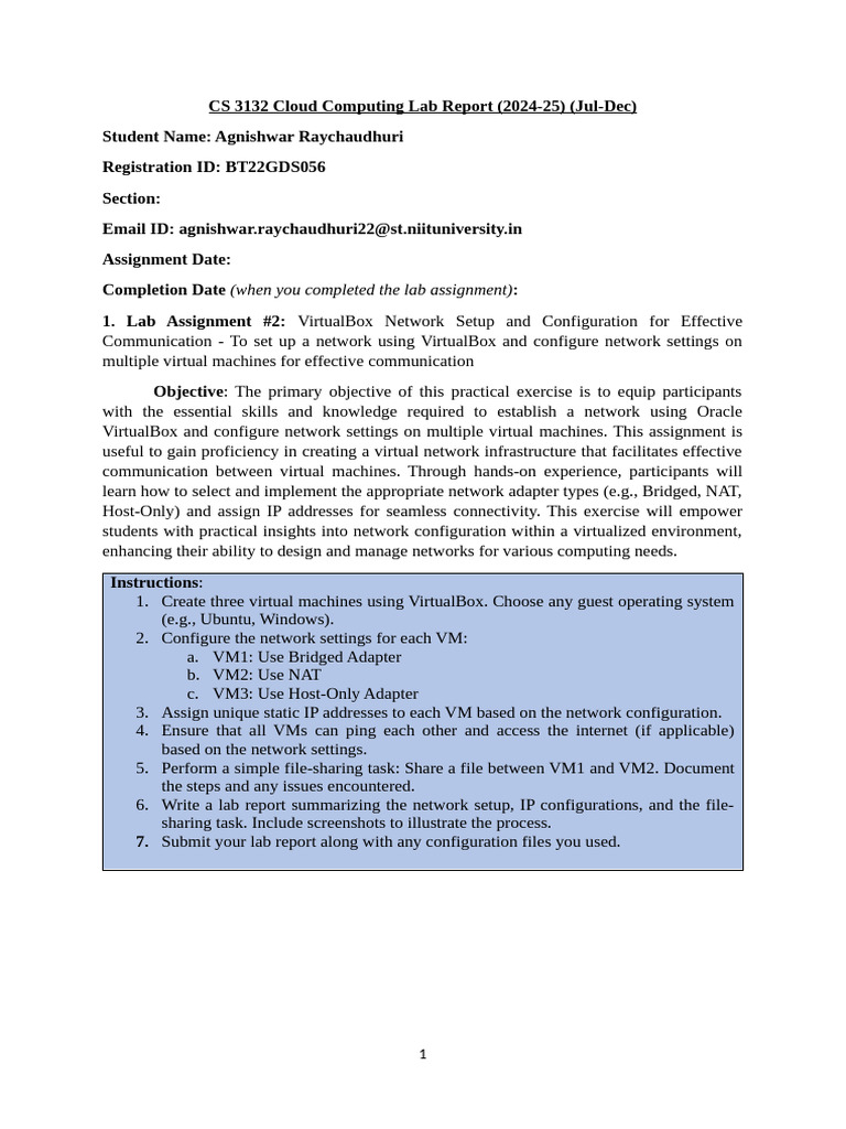 Lab Assignment 2 VirtualBox Network Setup | PDF