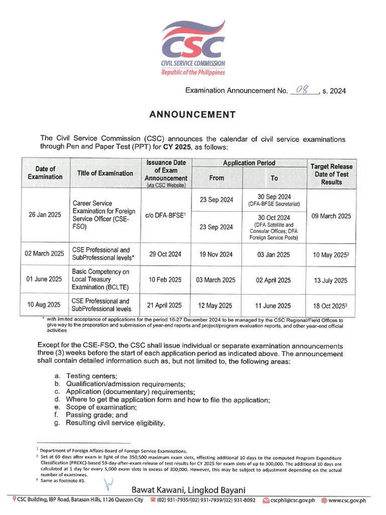 ExamAnnouncement08s2024 - PPT Exam Calendar 2025 | PDF