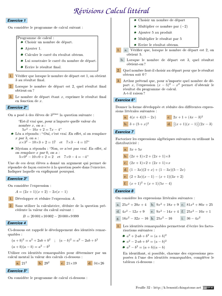 3eme Révision Calcul littéral | PDF