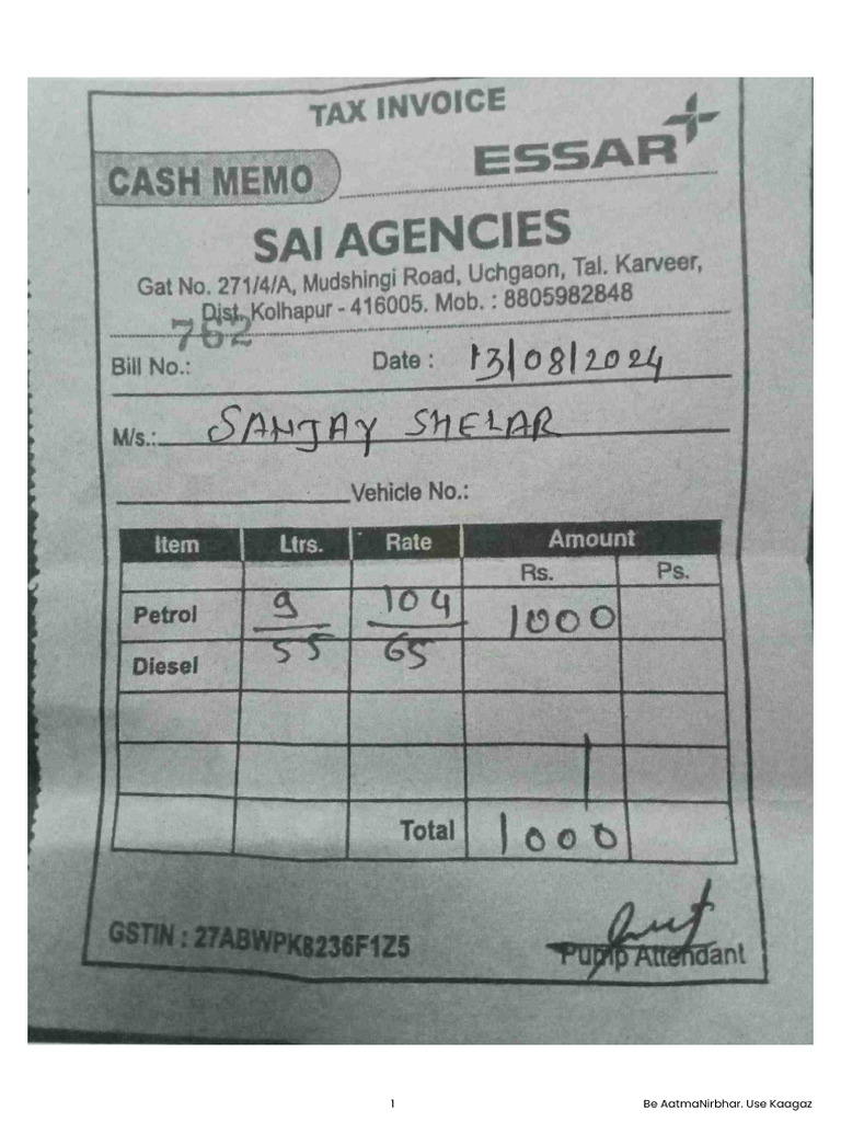 Petrol Bill August SANJAY | PDF