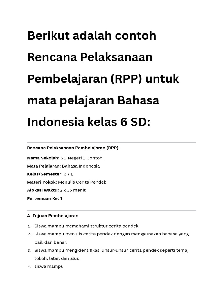 Berikut Adalah Contoh Rencana Pelaksanaan Pembelajaran (RPP) Untuk Mata ...