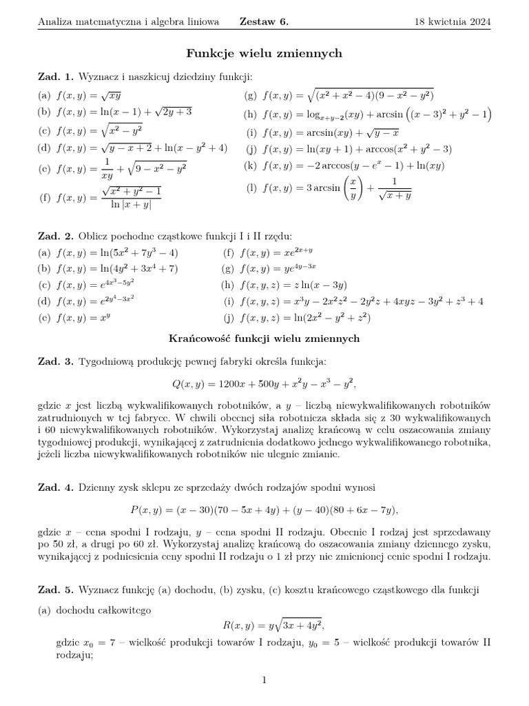 Zestaw 6. Funkcje Wielu Zmiennych | PDF