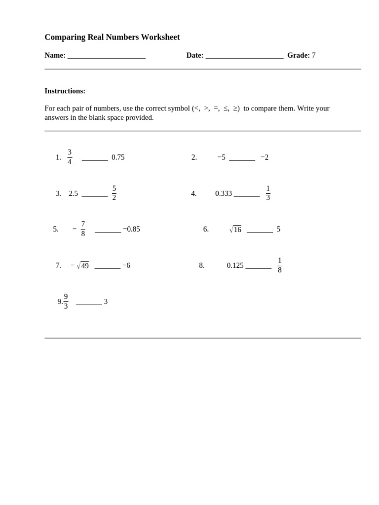 Comparing Real Numbers Worksheet | PDF