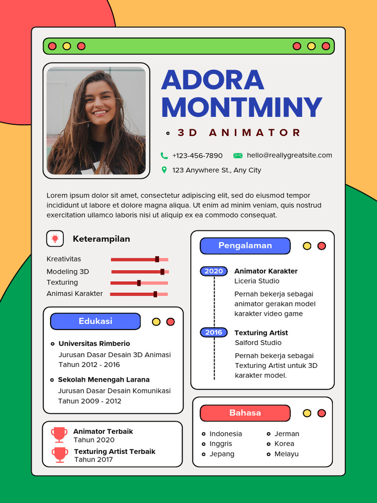 Hemera Studio - CV Resume 3D Animator Kreatif Warna-Warni | PDF