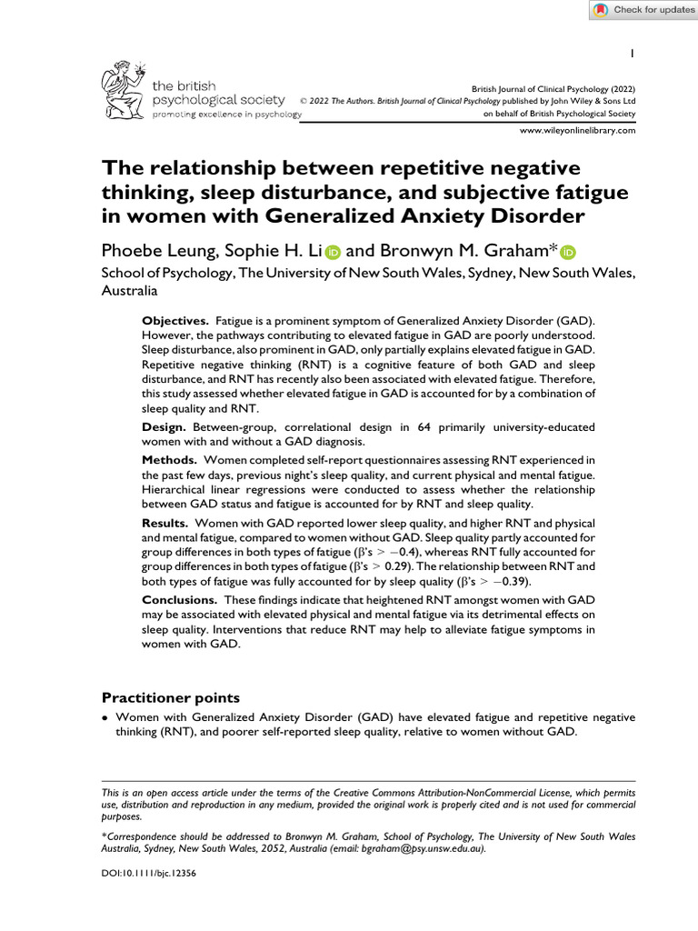 British J Clinic Psychol - 2022 - Leung - The Relationship Between Repetitive Negative Thinking ...