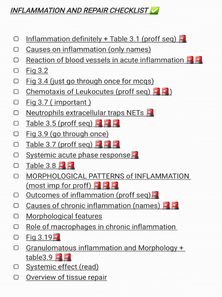 Inflammation and Repair Checklist | PDF