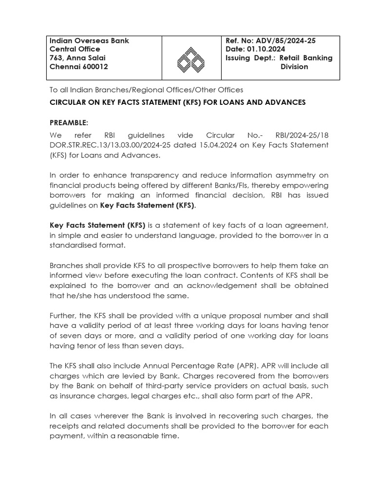 Circular On Key Facts Statement (KFS) For Loans & Advances | PDF