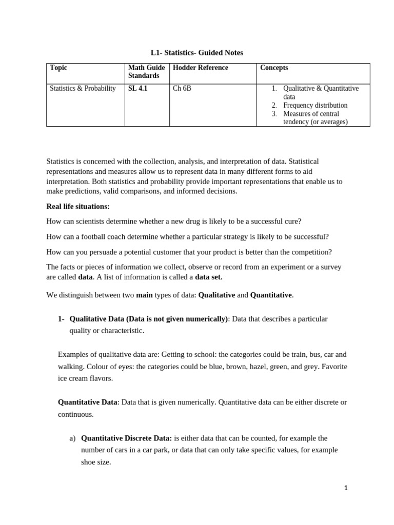 L1 - Statistics - GuidedNotes | PDF