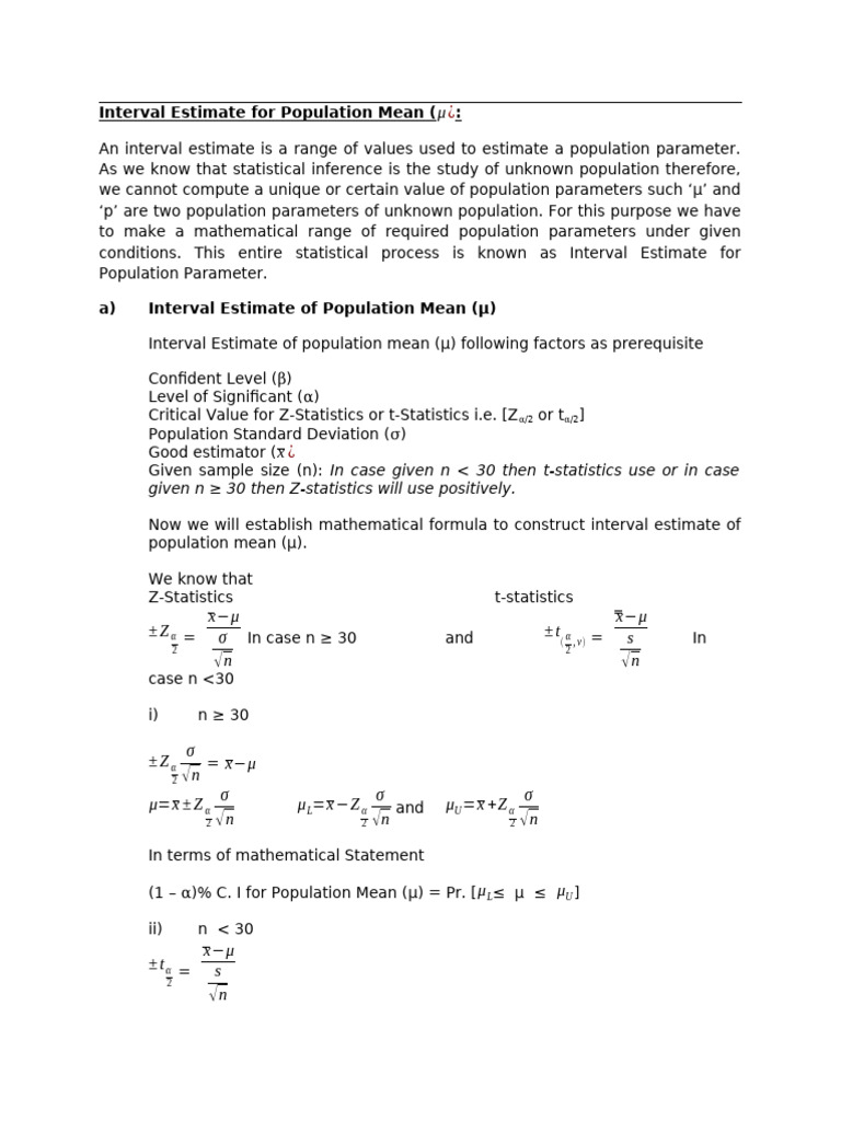 Interval Estimate For Population Mean | PDF