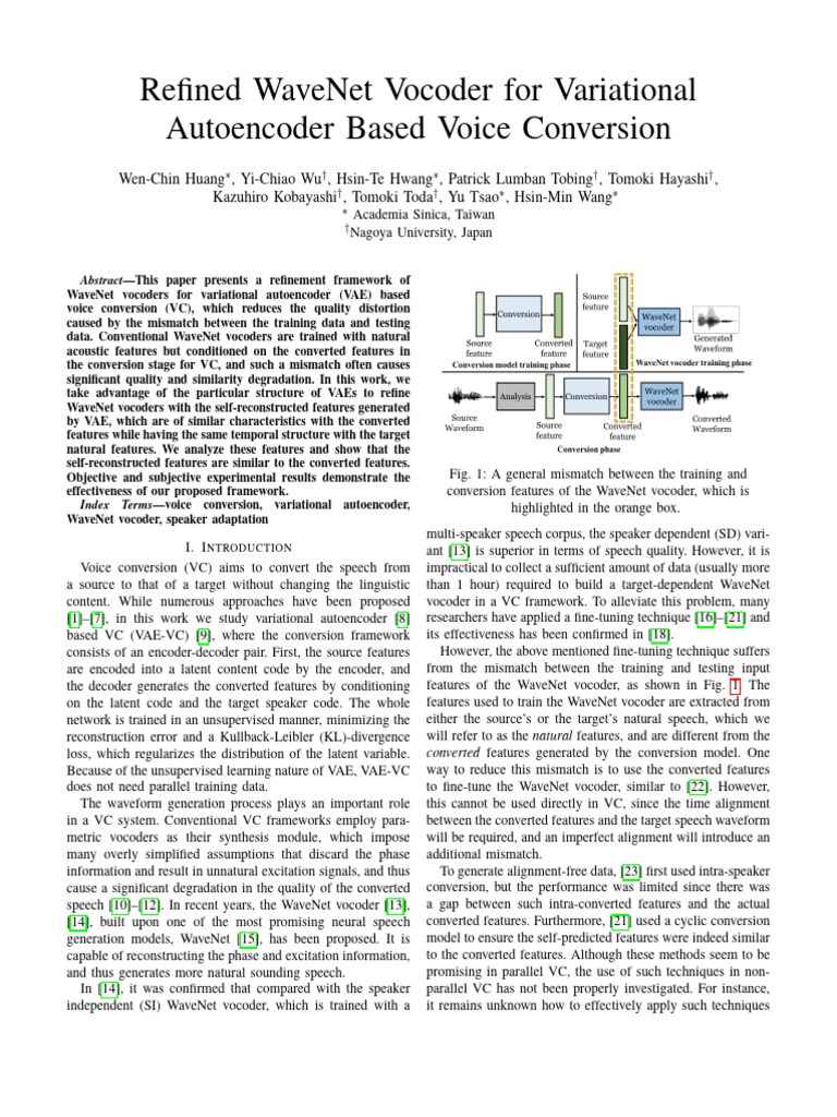 Refined Wavenet Vocoder For Variational Autoencoder Based Voice Conversion | PDF
