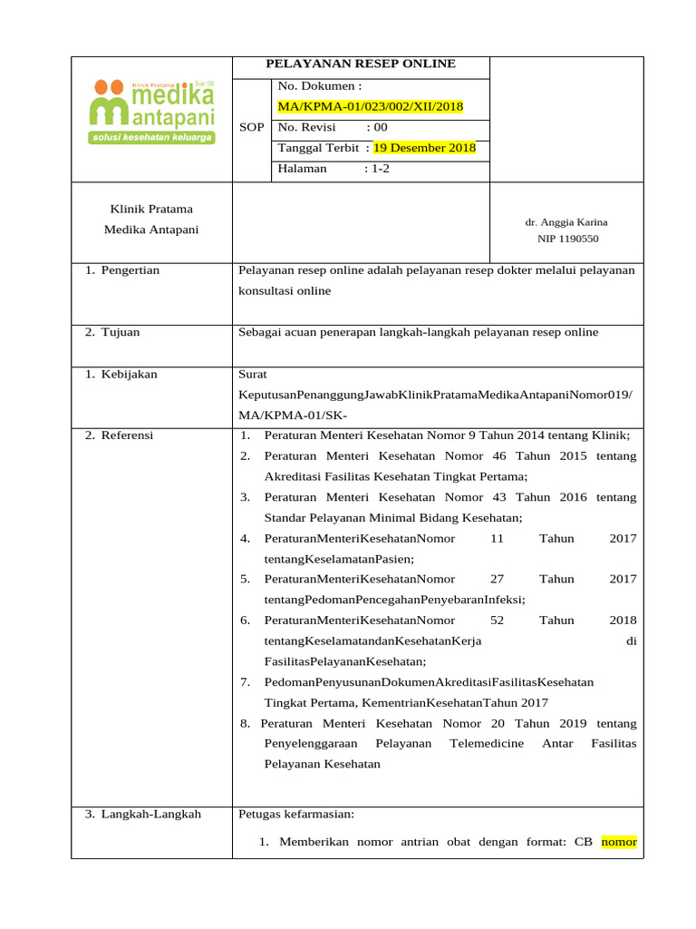 Pelayanan Resep Online: Dr. Anggia Karina NIP 1190550 | PDF