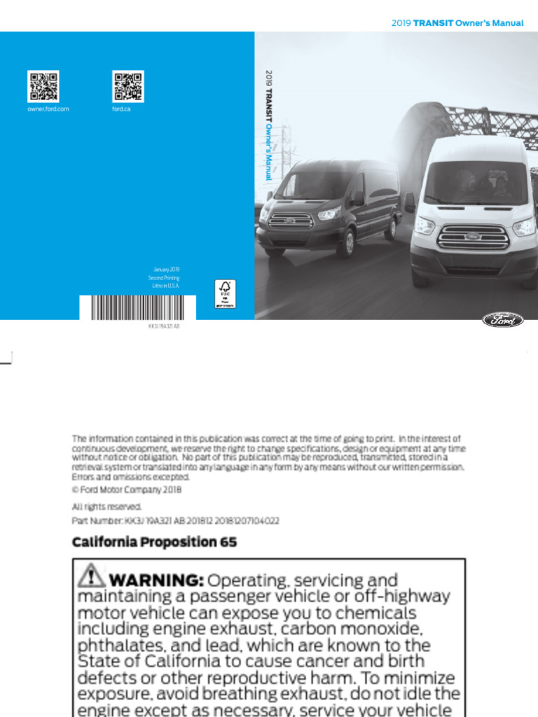 2019 Ford Transit Owners Manual Version 2 Om en US 01 2019 | PDF