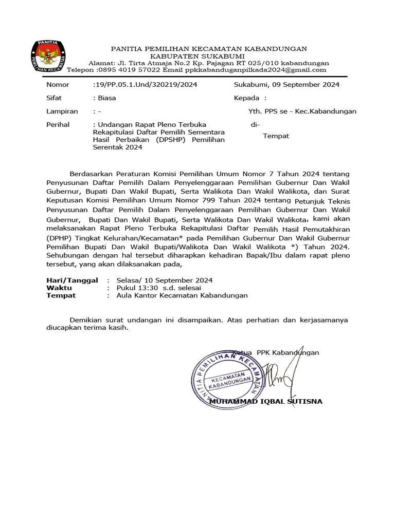 Surat Undangan Pleno DPSHP Untuk PPS | PDF