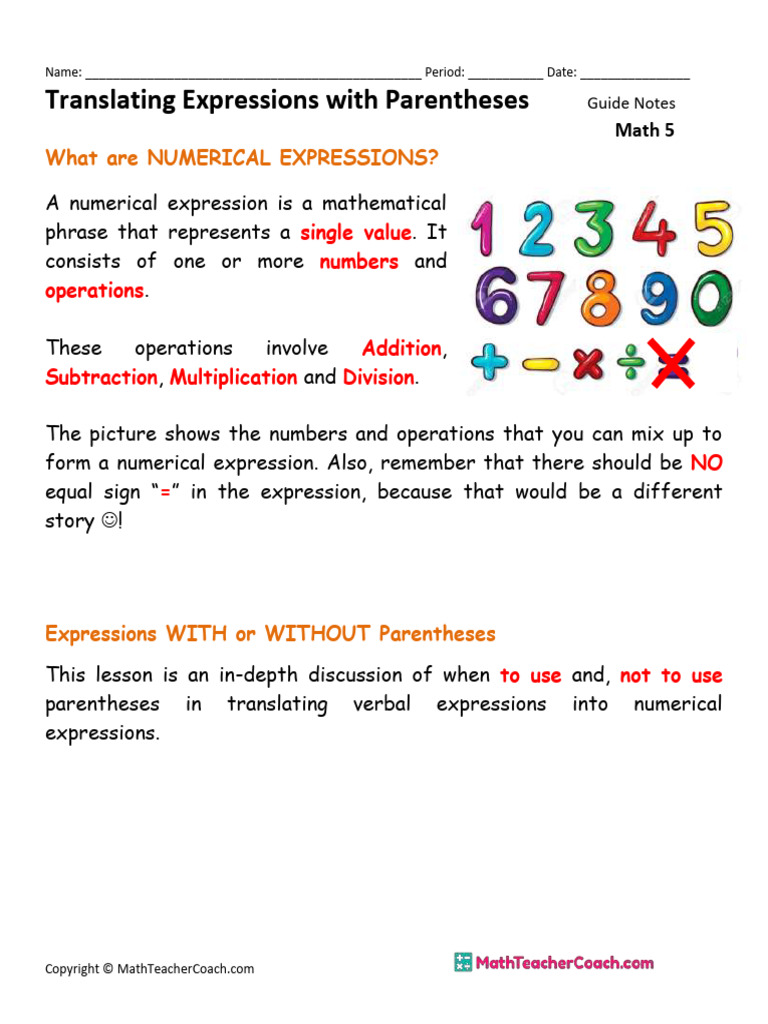 1 2 Guide Notes SE Translating Expressions With Parentheses | PDF
