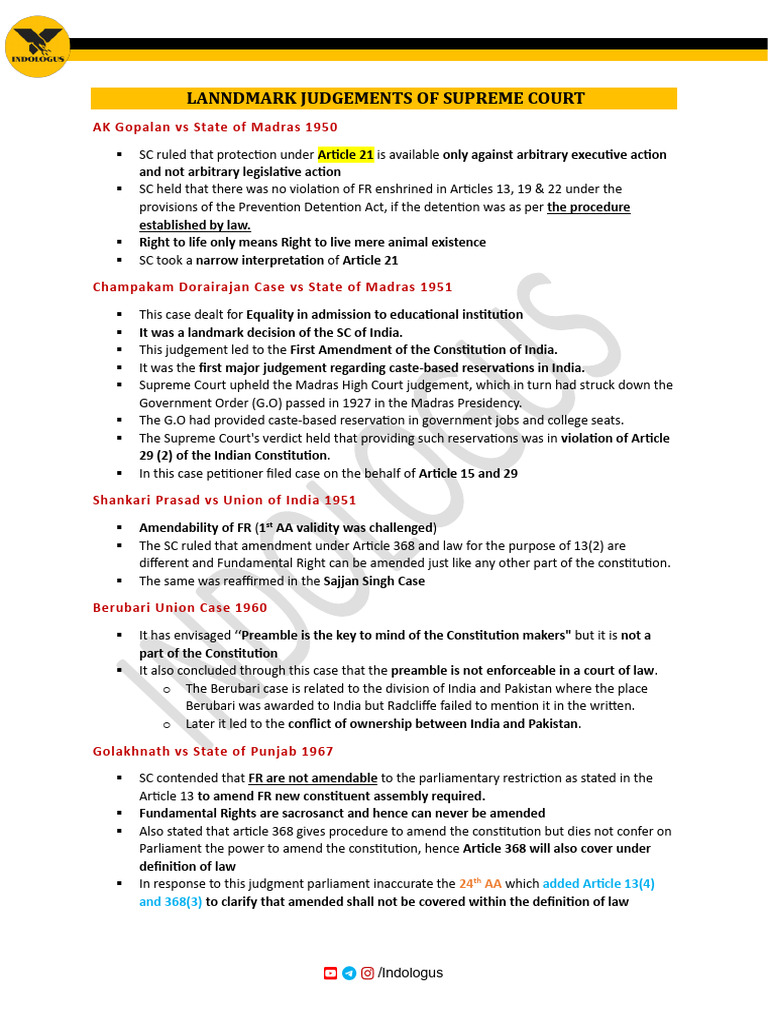 Important Judgements of Supreme Court by Indologus | PDF