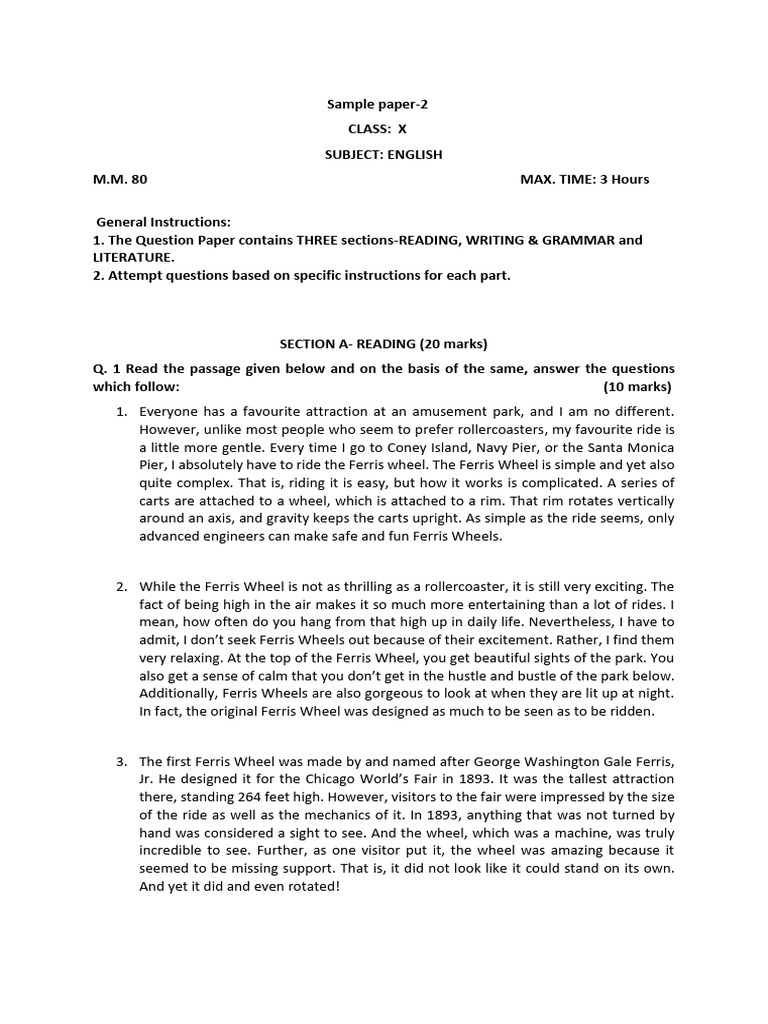 English - Grade 10 - Sample Paper | PDF