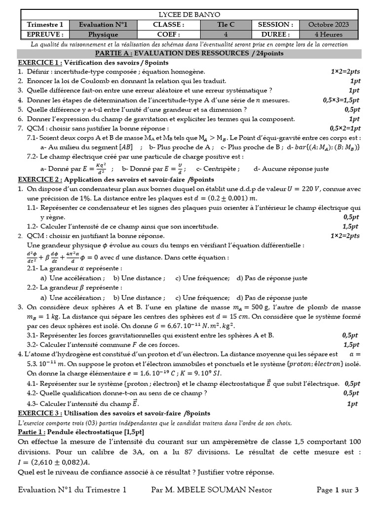 Physique Tle C Evaluation 1 | PDF