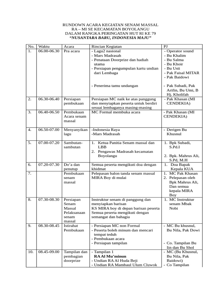 Rundown Acara Kegiatan Senam Massal | PDF