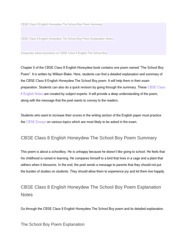 CBSE Class 8 English Honeydew The School Boy Poem Summary | PDF