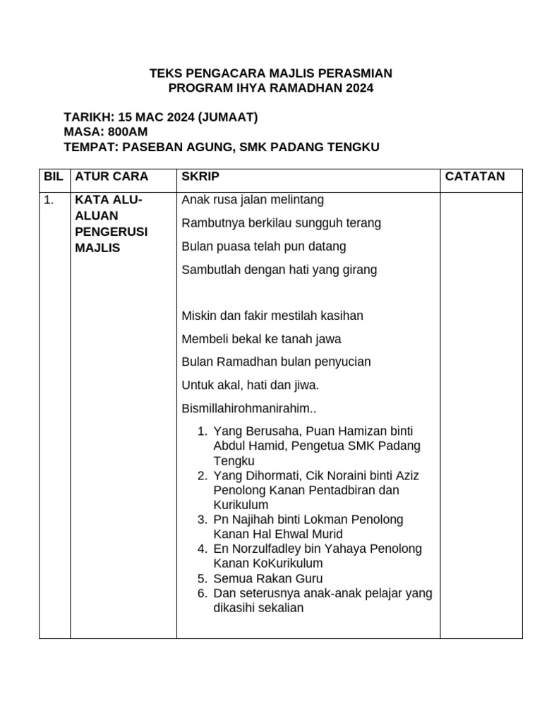 Teks Pengacara Majlis Perasmian Ihya Ramadhan | PDF