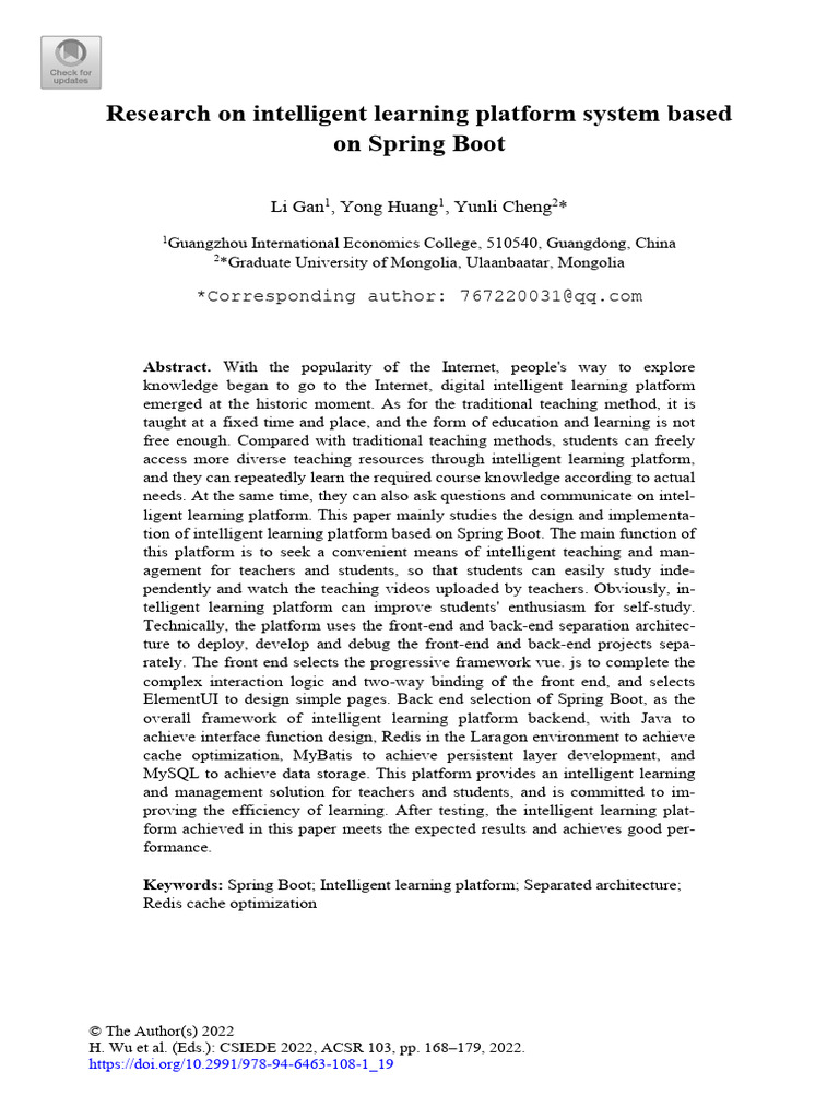 Research On Intelligent Learning Platform System Based On Spring Boot | PDF