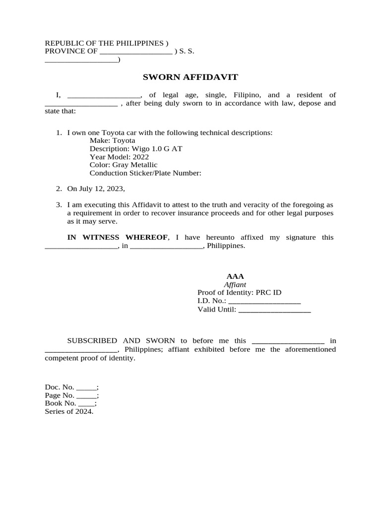 sworn affidavit Insurance | PDF