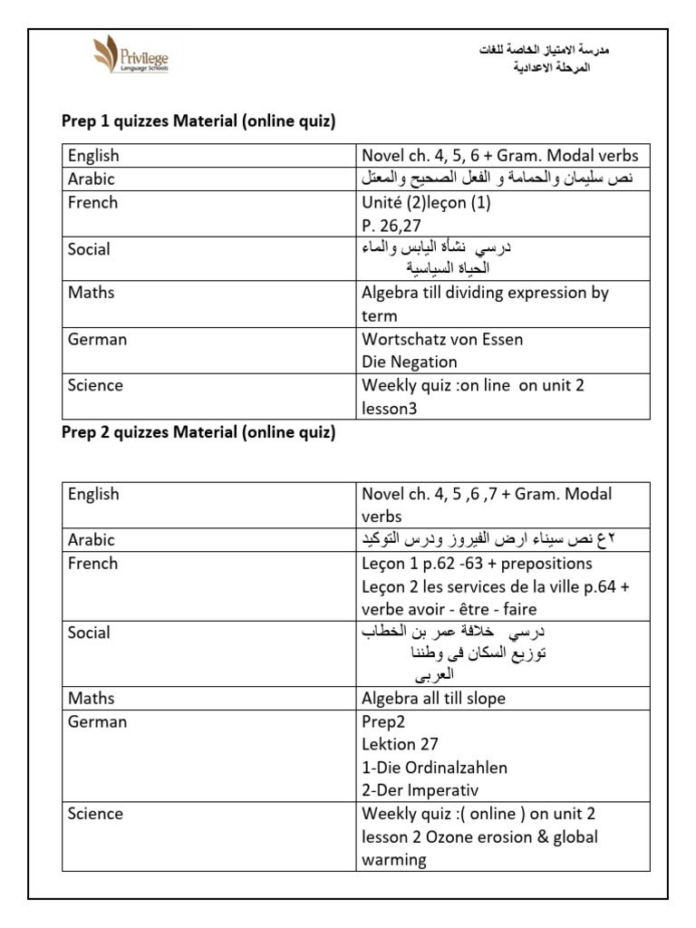 Schools Privilege Language School Announcements Quiz-material-10-Dec ...