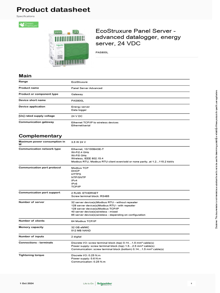 Schneider Electric - EcoStruxure-Panel-Server - PAS800L-2 | PDF