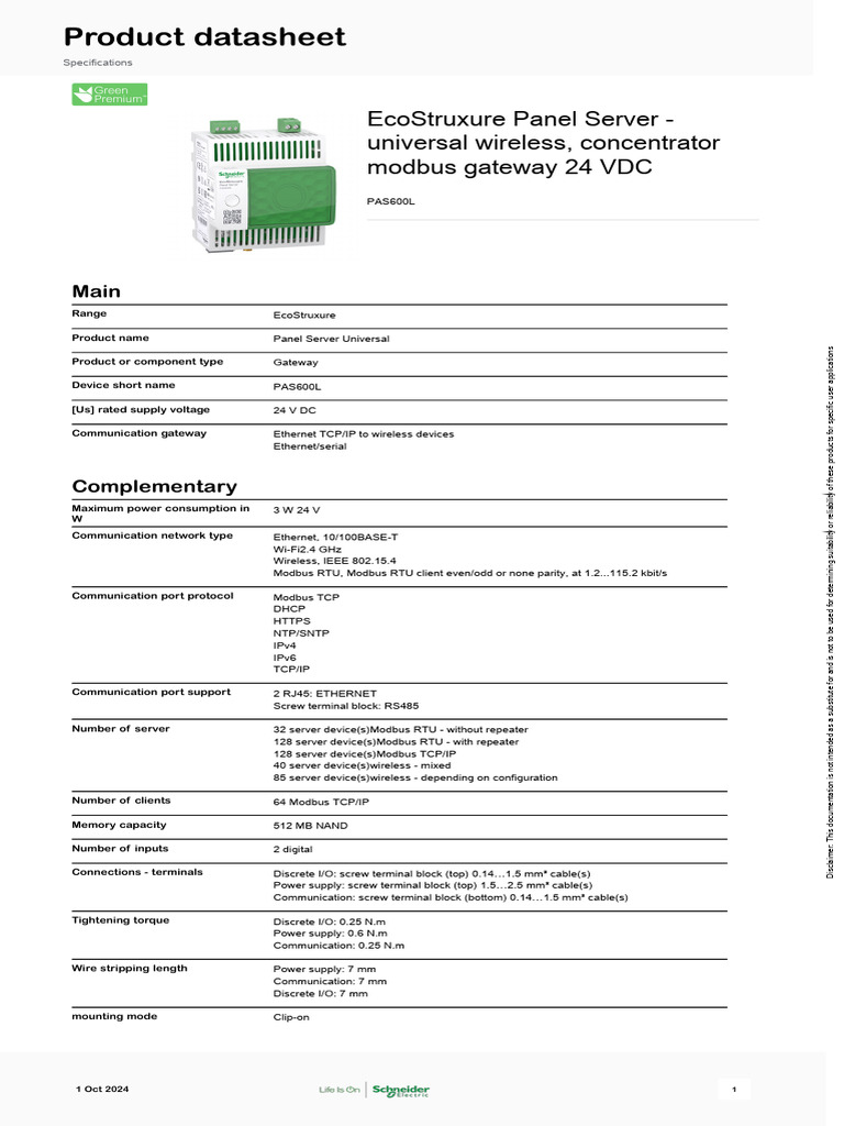 Schneider Electric - EcoStruxure-Panel-Server - PAS600L-3 | PDF