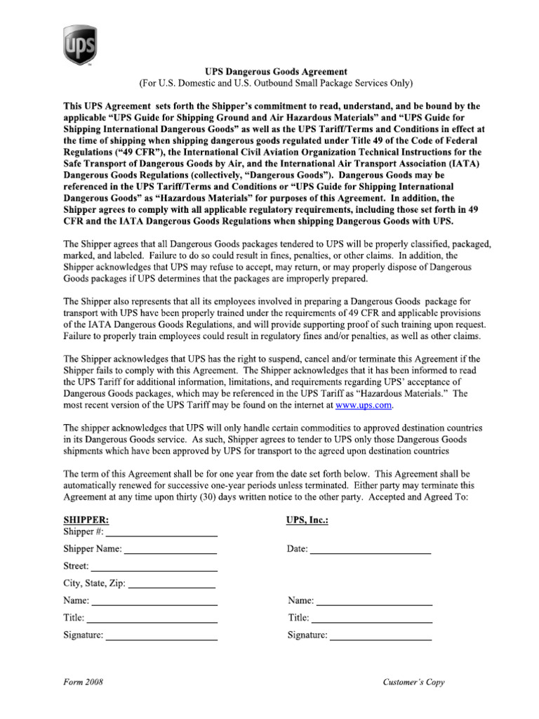 UPS Dangerous Goods Agreement | PDF