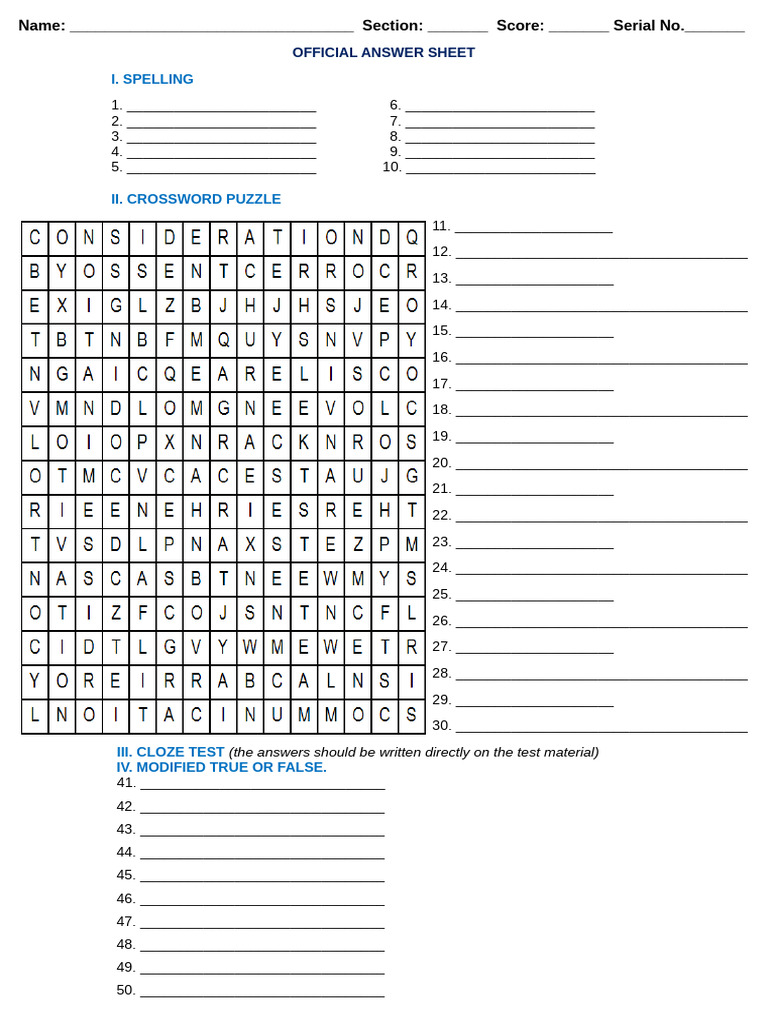 Official Answer Sheet Template | PDF | Puzzles | Word Puzzles