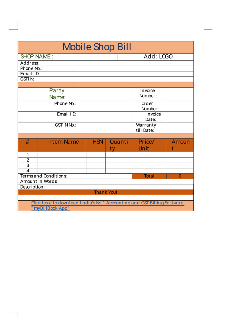 Mobile Shop Bill Format in Word | PDF