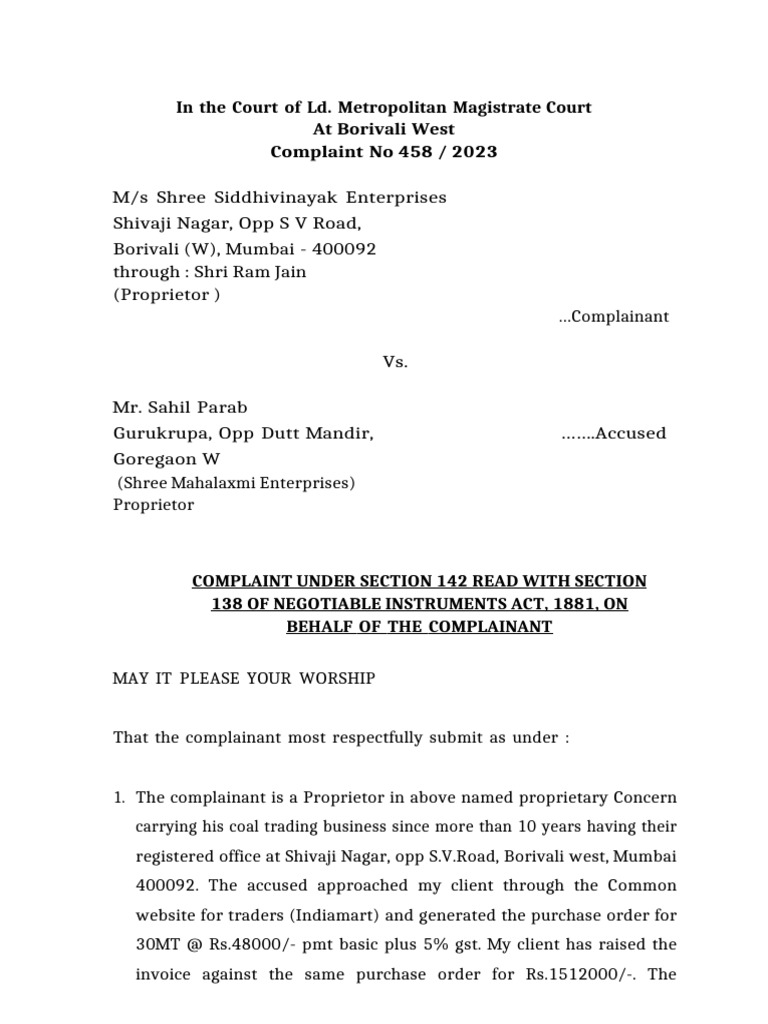 Complaint Under Section 138 by A Firm | PDF