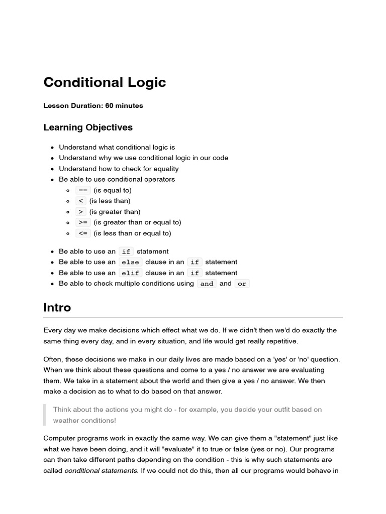 Lesson 2 Conditional Logic | PDF