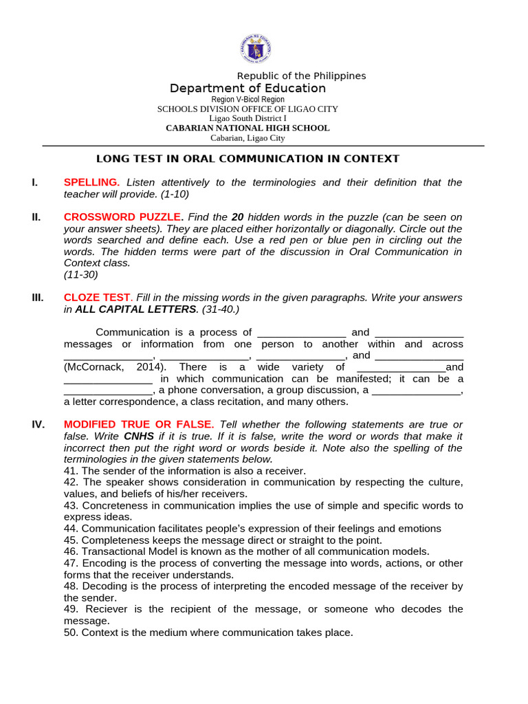 Long Test in Oral Com. | PDF