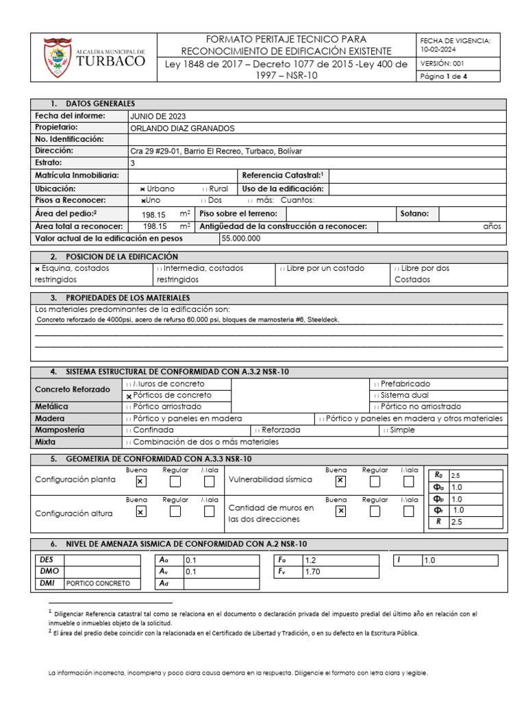 Formato Peritaje Tecnico para Reconocimiento de Edificación Existente Version 001 | PDF