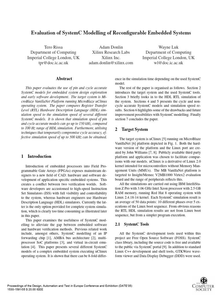 Evaluation of SystemC Modelling of Reconfigurable Embedded Systems - Tero Rissa - Adam Donlin ...