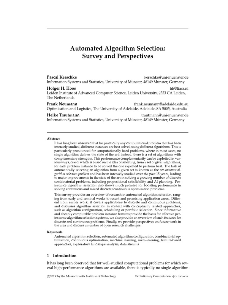 Kerschke Et Al. - 2018 - Automated Algorithm Selection Survey and Perspectives | PDF