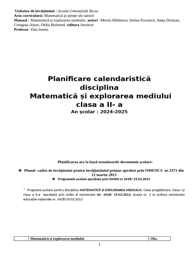 II Planificare Calendaristica Mem Ed. Intuitext 20242025 | PDF