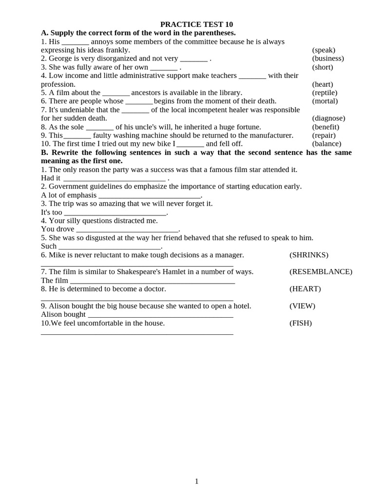 Word form and Rewrite PRACTICE TEST 10 | PDF