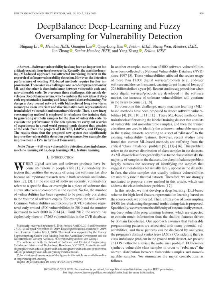 DeepBalance Deep-Learning and Fuzzy Oversampling For Vulnerability Detection | PDF