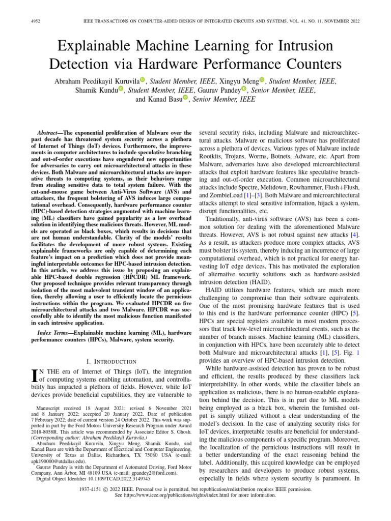 Explainable Machine Learning For Intrusion Detection Via Hardware Performance Counters | PDF