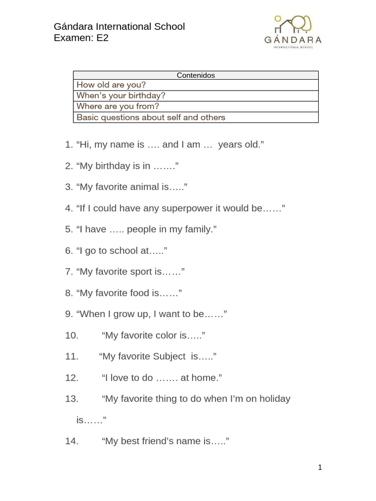 Gándara International School Examen: E2 | PDF
