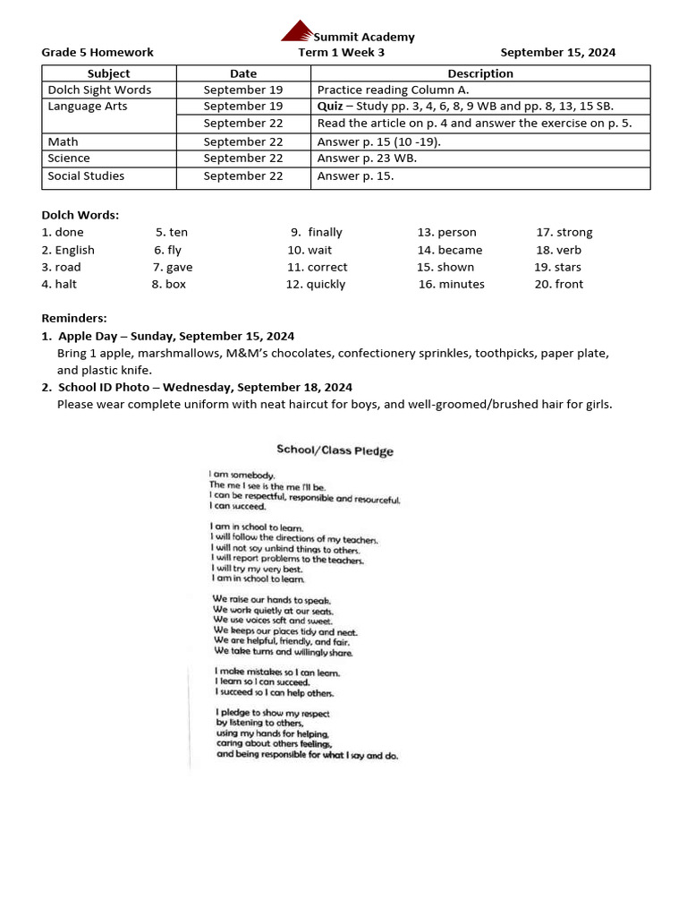 Summit Academy Grade 5 Homework Term 1 Week 3 September 15, 2024 ...