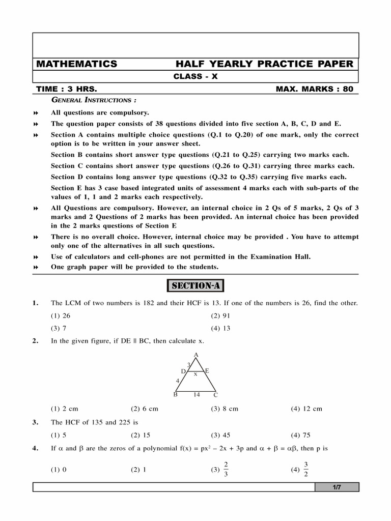 10-Mathematics-Half Yearly Practice Paper E4zdqj | PDF